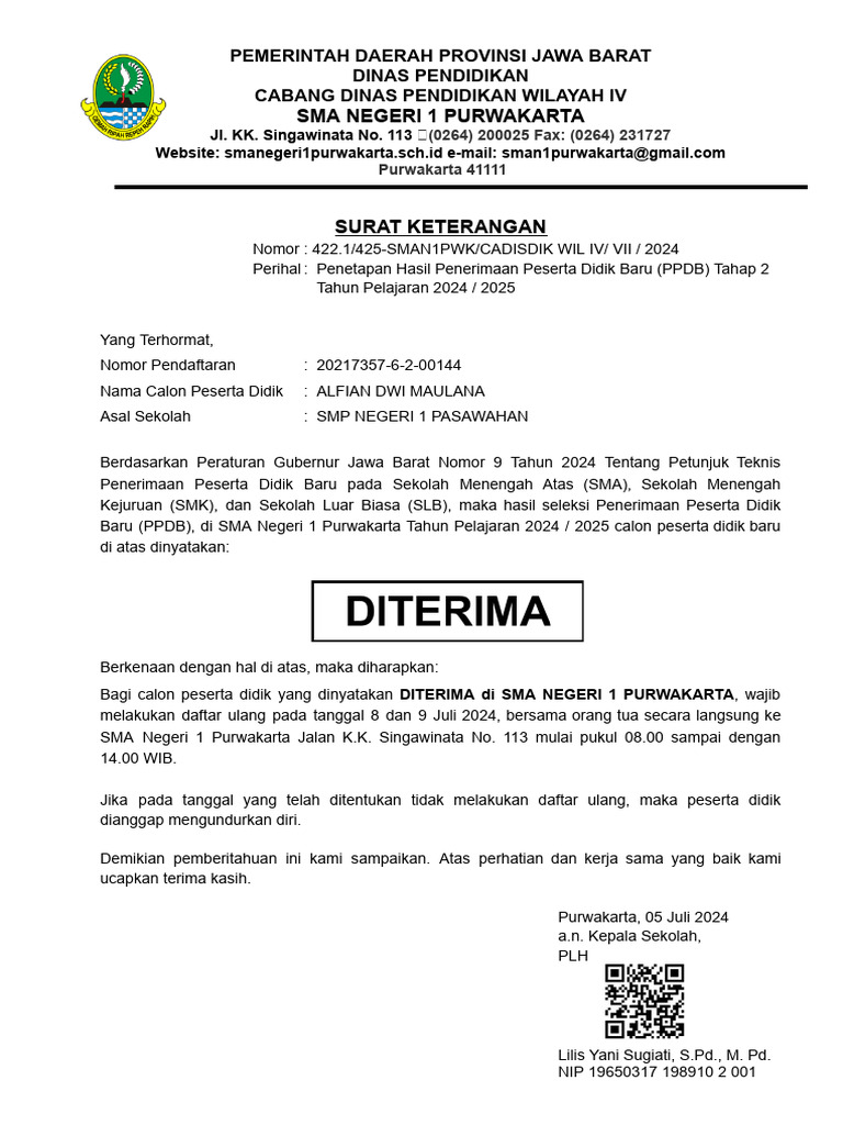 Surat Pernyataan Diterima - Nama - Peserta | PDF