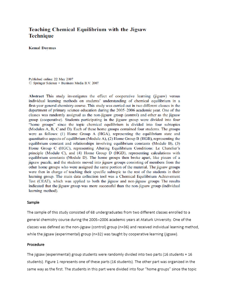 Jigsaw vs. Traditional Learning in Chemistry | PDF | Chemical ...