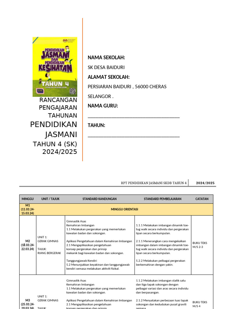 RPT Tahun 4 PJ 2024 SKDB | PDF