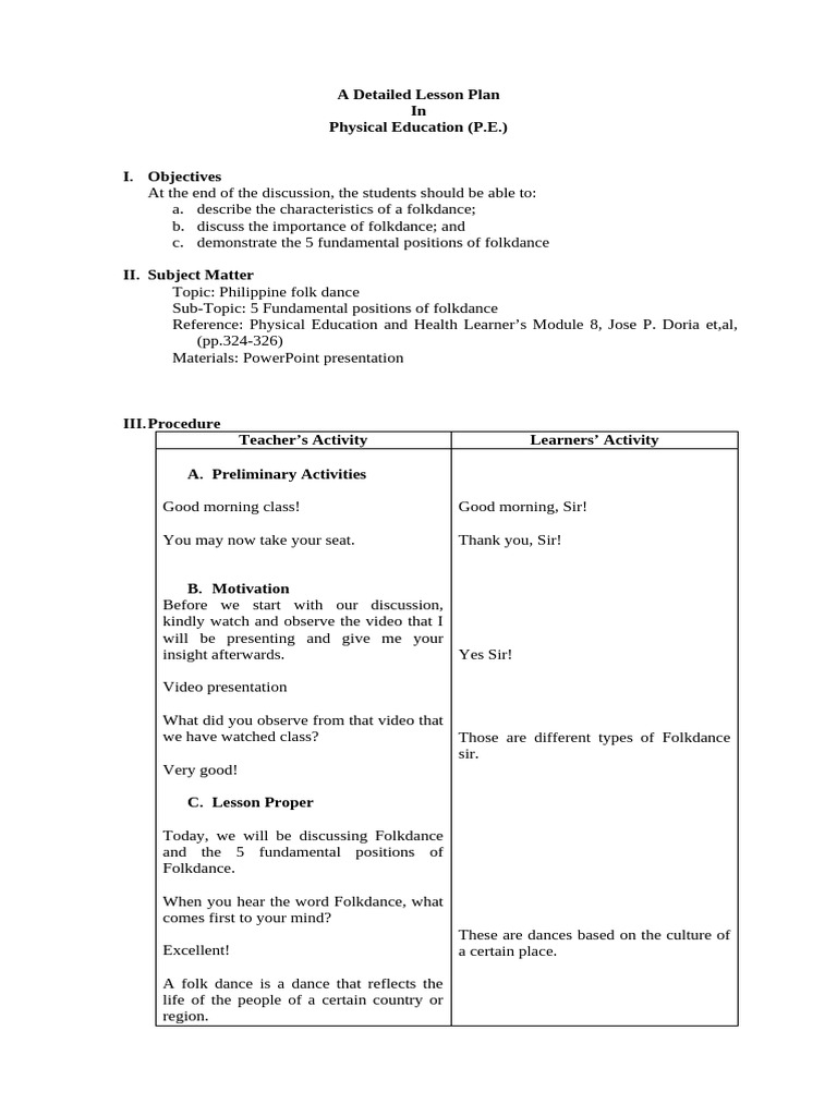 Philippine Folk Dance Lesson Plan | PDF | Foot | Anatomical Terms Of Motion