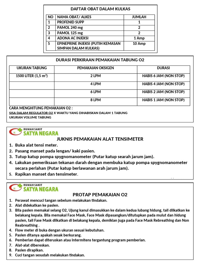 Protap O2, Juknis Tensimeter, Durasi Pemakaian O2, Daftar Obat Dalam Kulkas | PDF | Kesehatan ...