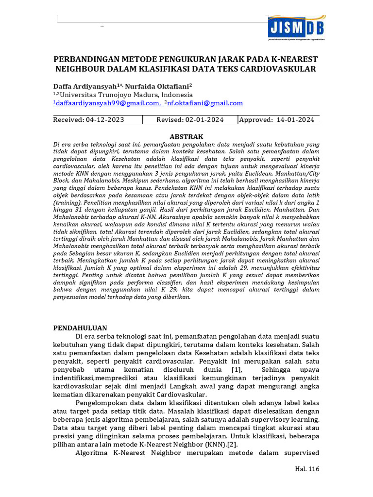 Perbandingan Metode Pengukuran Jarak Pada K-Nearest Neighbour Dalam ...