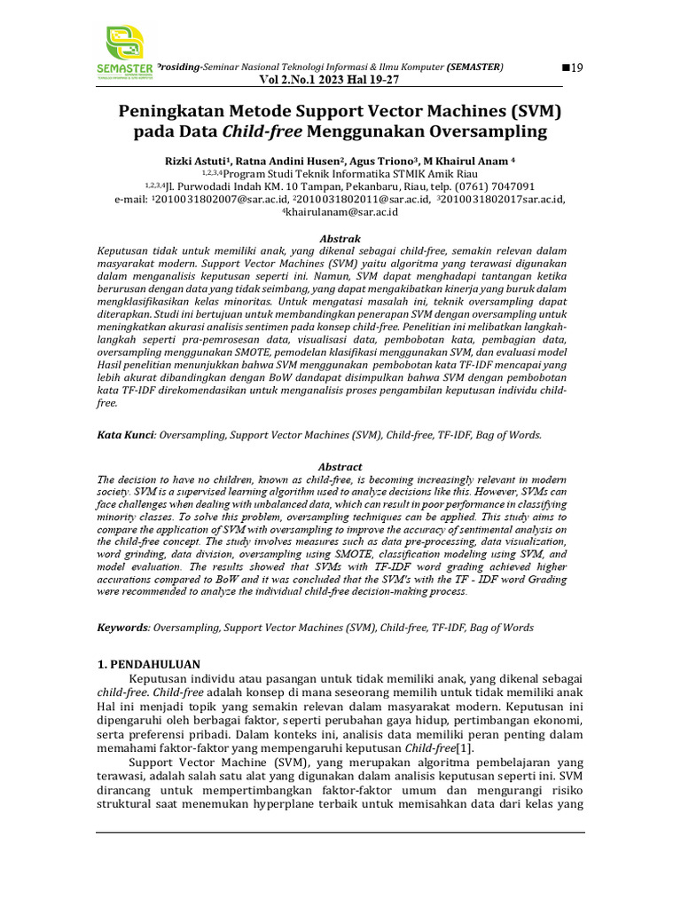Peningkatan Metode Support Vector Machines (SVM) Pada Data Child-Free Menggunakan Oversampling | PDF