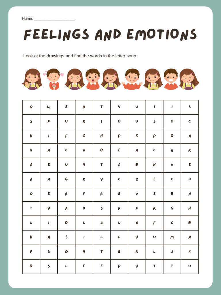 Feelings and Emotions Vocabulary Letter Soup Worksheet in Green Orange ...