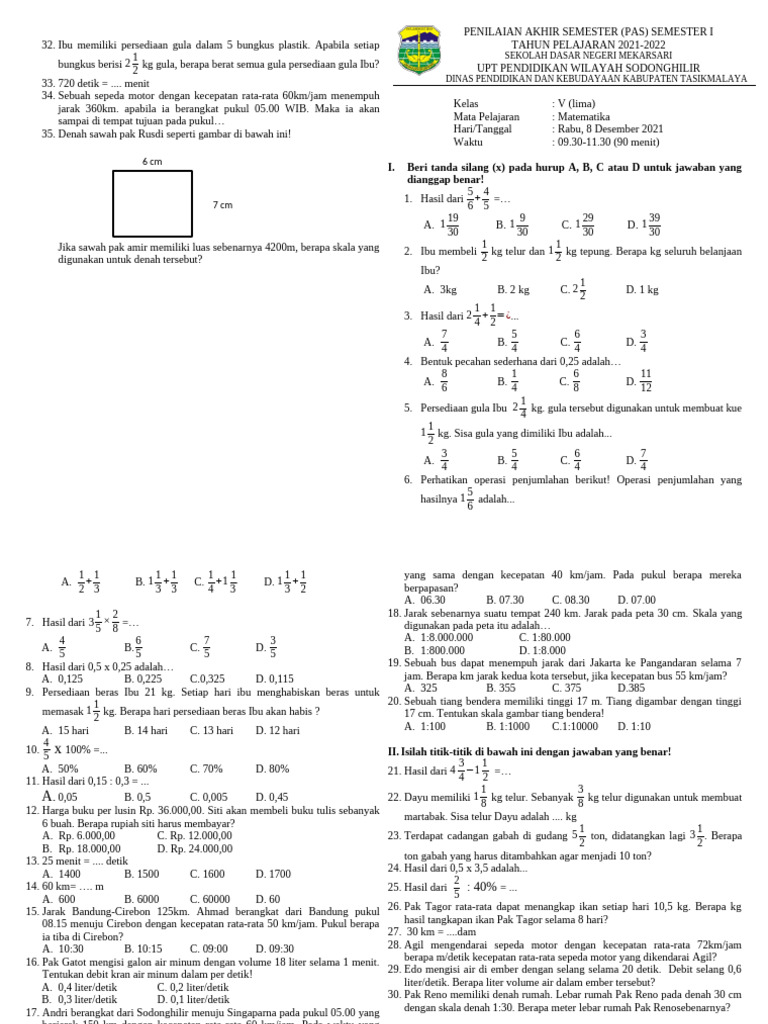Fix Soal MTK KLS 5 2021-2022 SDN Mekarsari | PDF