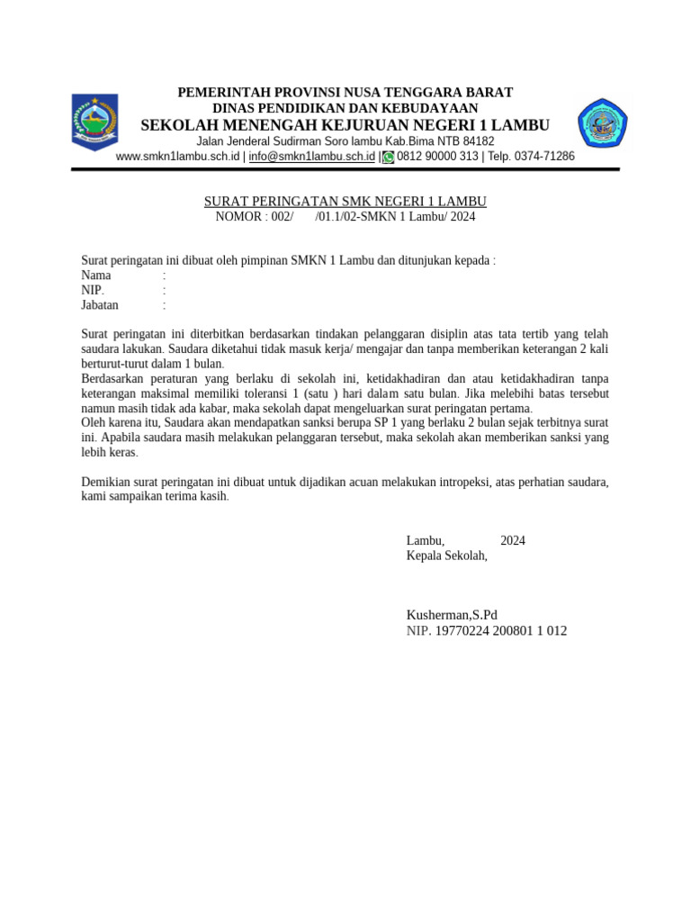 Surat Peringatan SP 1 SMK 1 Lambu | PDF