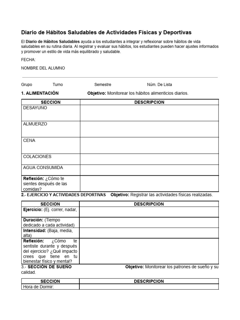 Diario de H-Bitos Saludables de Actividades F-Sicas y Deportivas | PDF | Dormir | Sicología