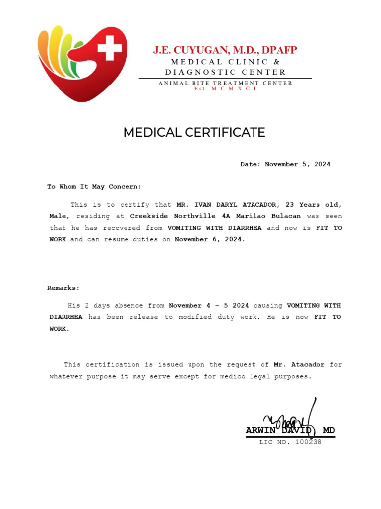 Medical Certificate: J.E. Cuyugan, M.D., Dpafp | PDF | Self-Improvement ...