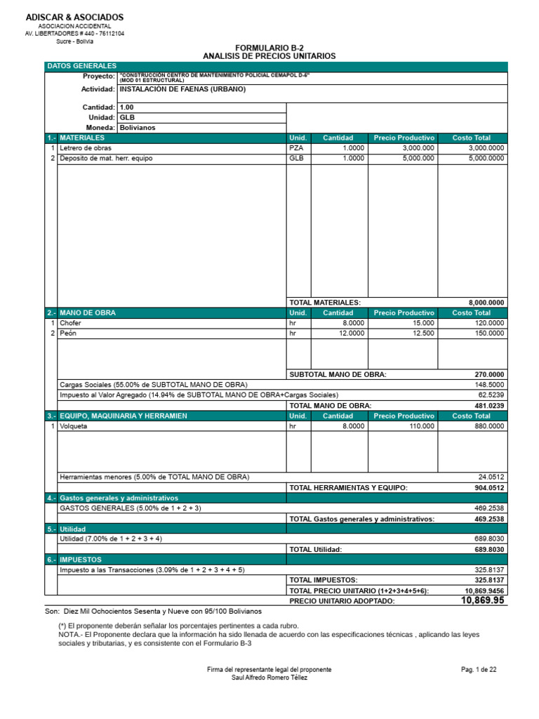 Formulario B-2 Analisis de Precios Unitarios | PDF | Impuestos | Bolivia