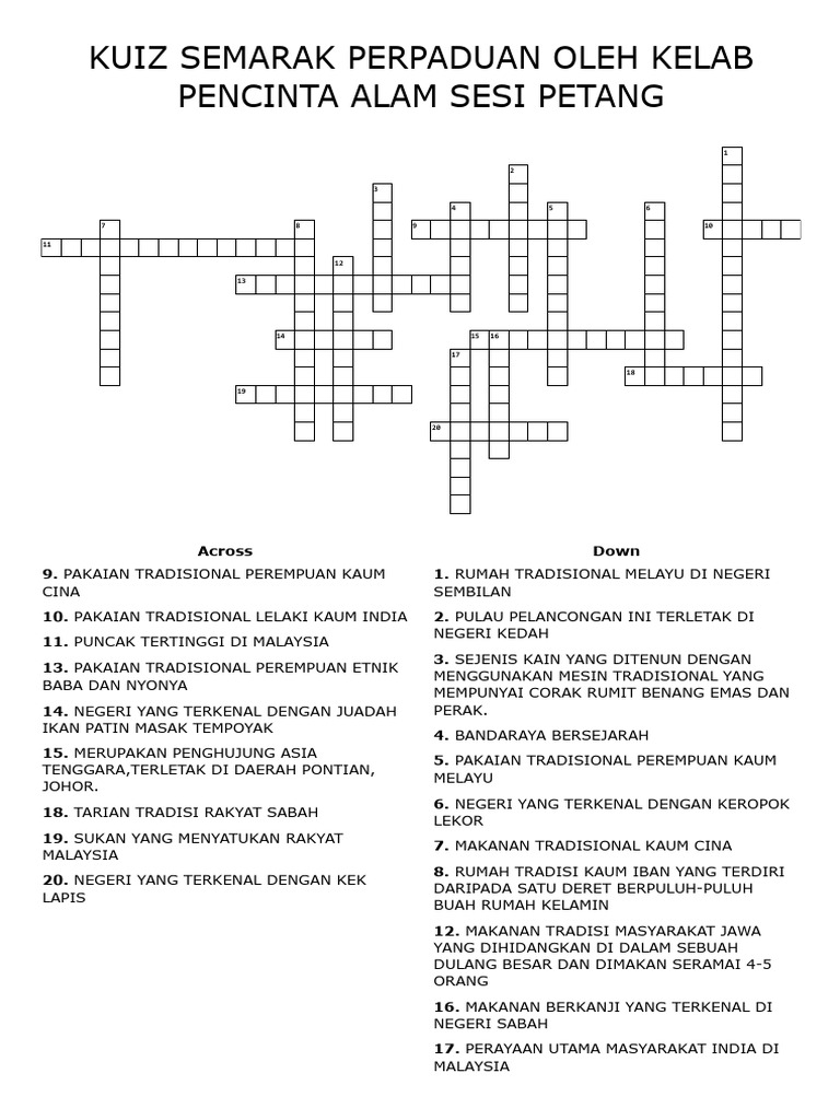 KUIZ SEMARAK PERPADUAN OLEH KELAB PENCINTA ALAM - Crossword Labs | PDF
