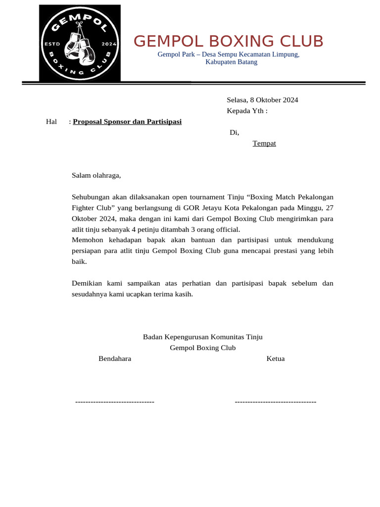 Proposal Gempol Boxing Club | PDF