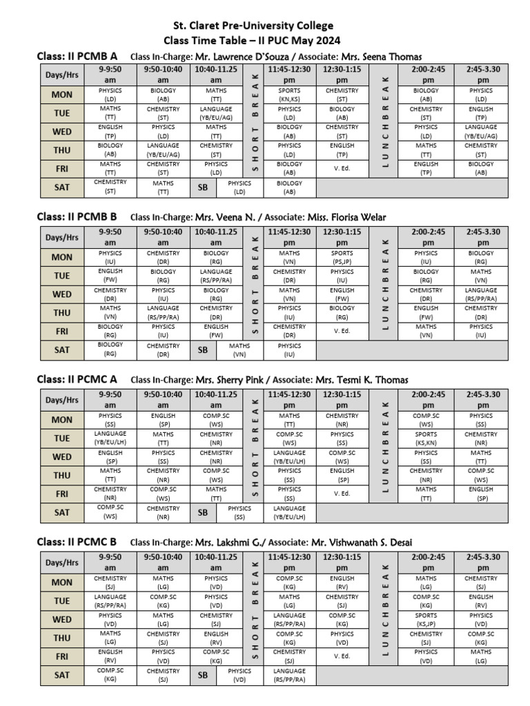II PUC May 2024 Class Timetable | PDF | Physical Sciences | Natural Sciences