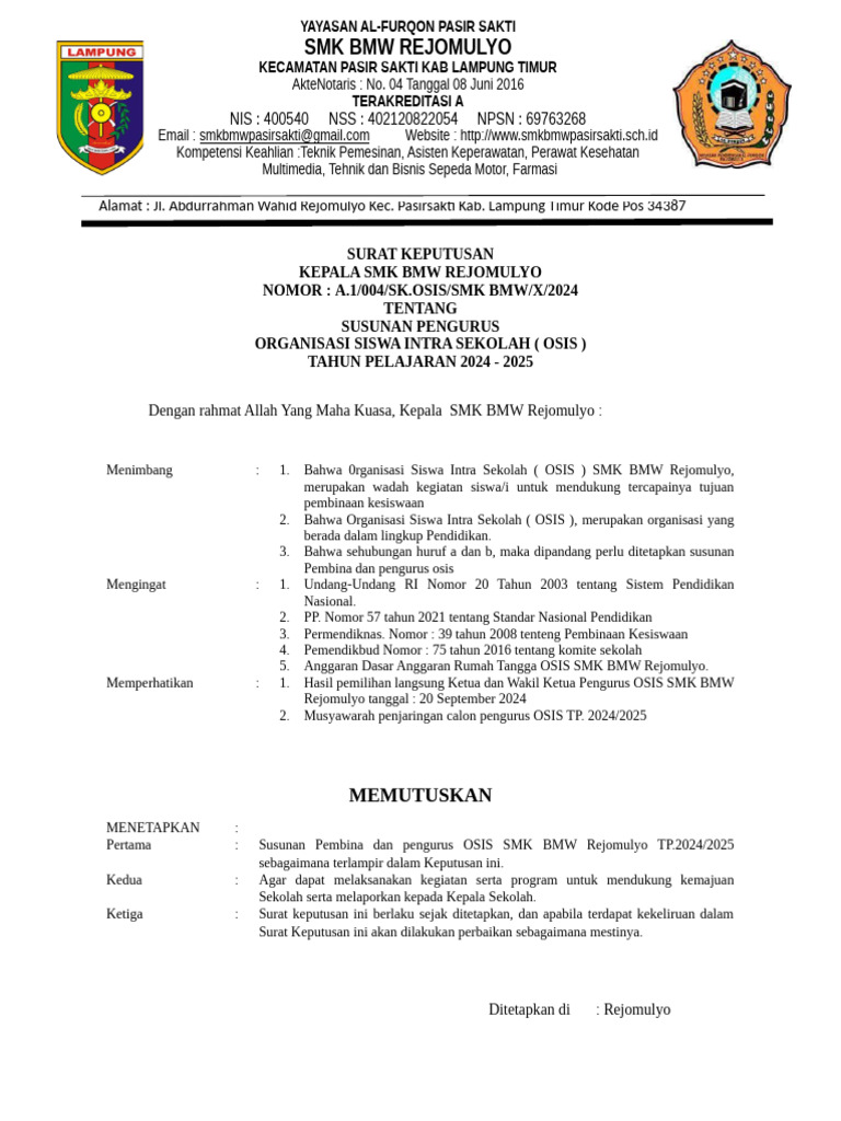 SK Pengurus Osis 2024-2025 | PDF