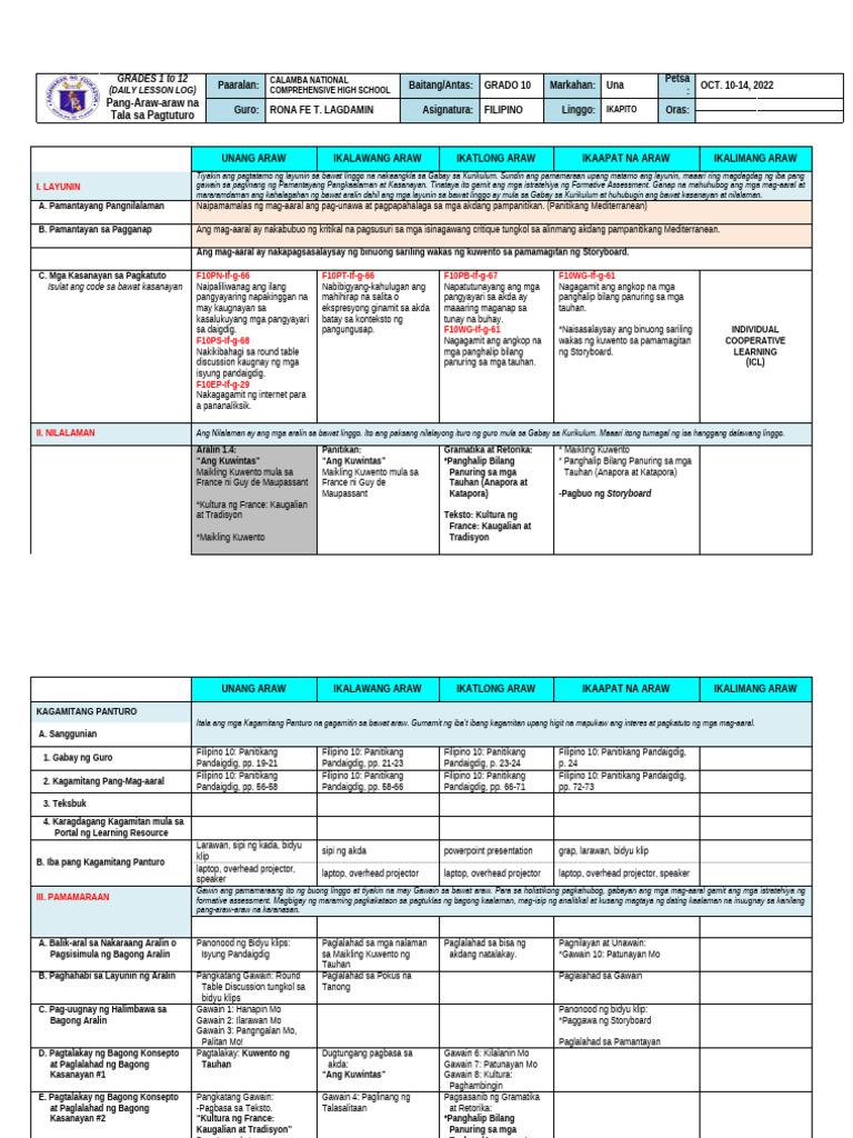 4 DLL IN FILIPINO 10. Aralin 1.4 | PDF