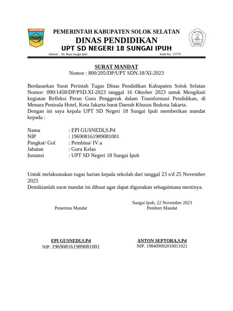 Surat Mandat Kepala Sekolah | PDF