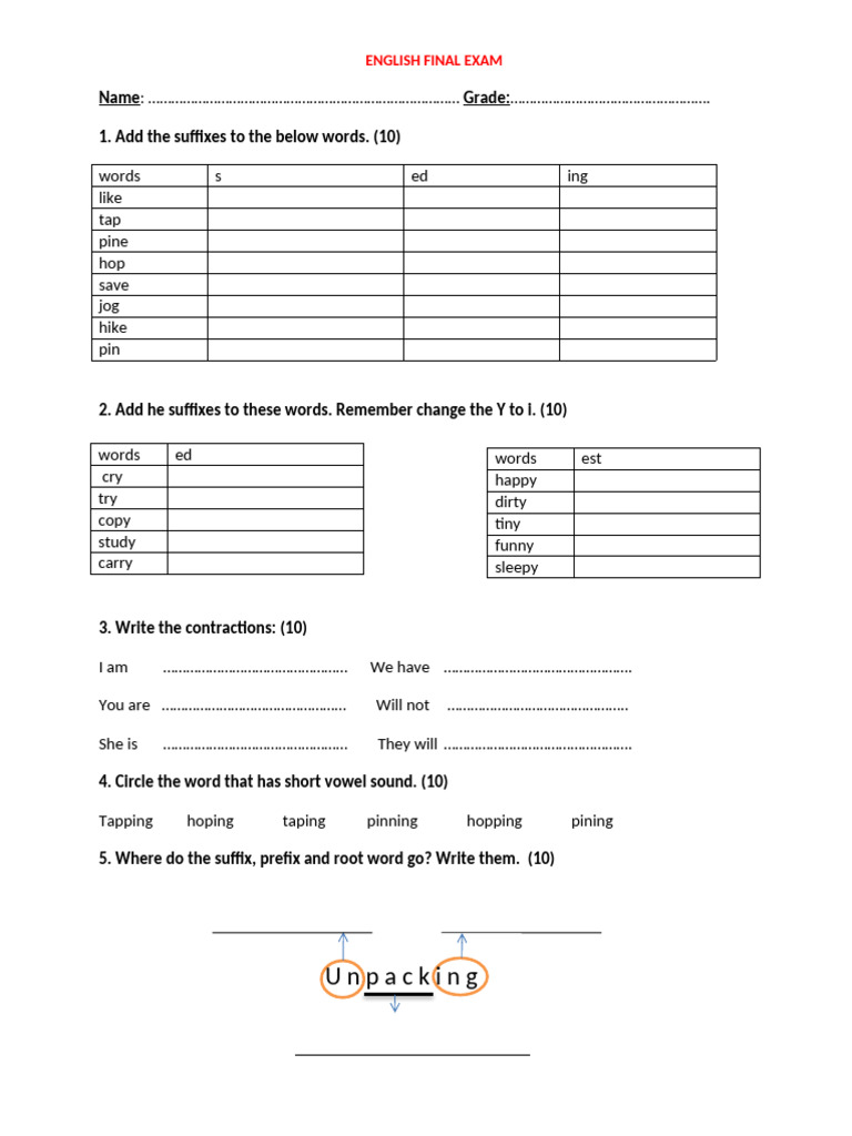 ENGLISH FINAL EXAM 2do Grade | PDF