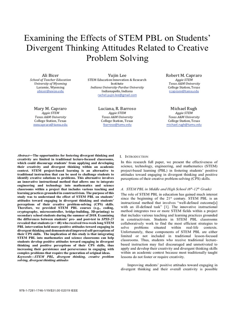 Bicer 2019 - Examining The Effects of STEM PBL On Students' Divergent ...