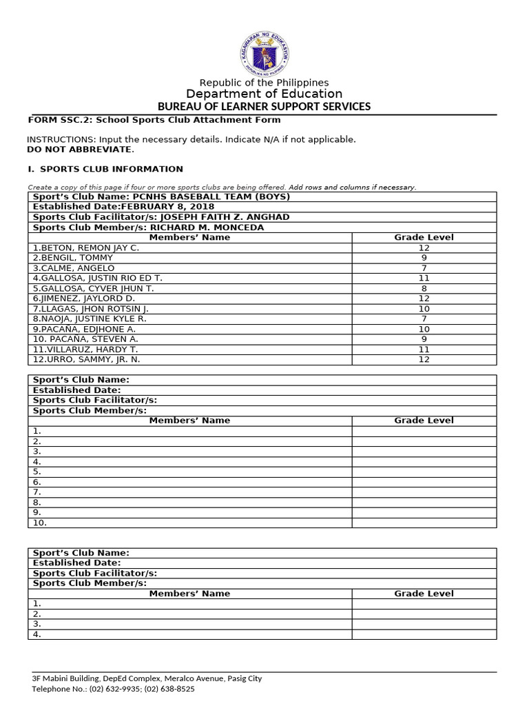 FORM SSC.2 School Sports Club Attachment Form v1 | PDF | Ball Games | Athletic Sports
