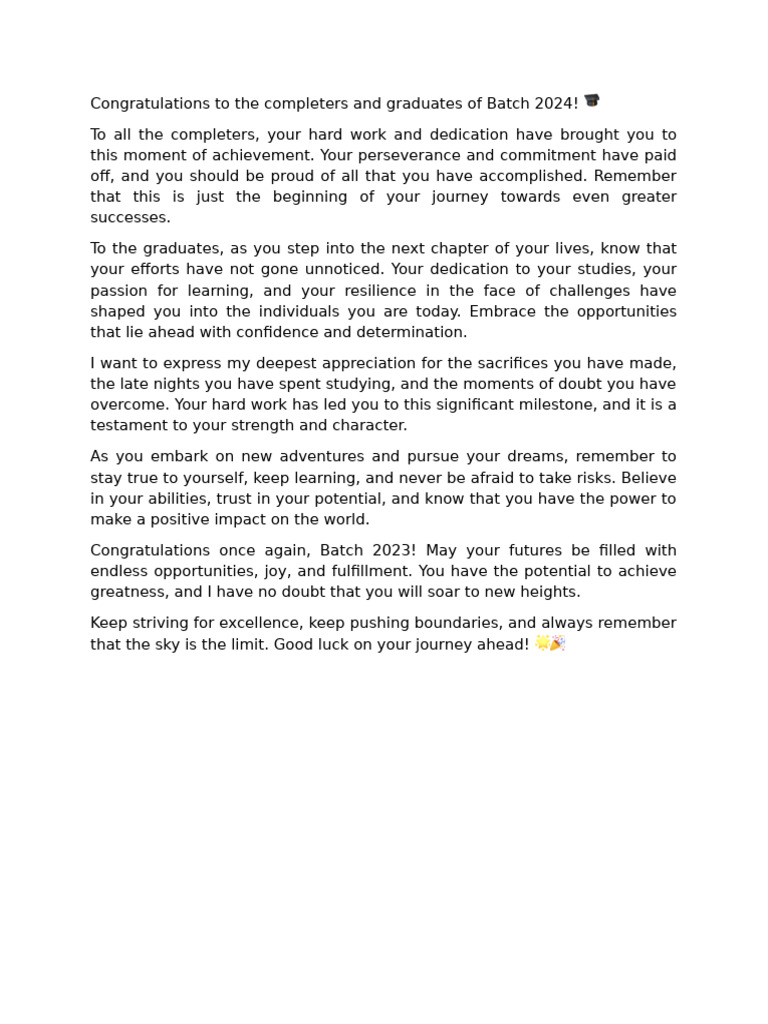 Congratulations To The Completers and Graduates of Batch 2024 | PDF ...