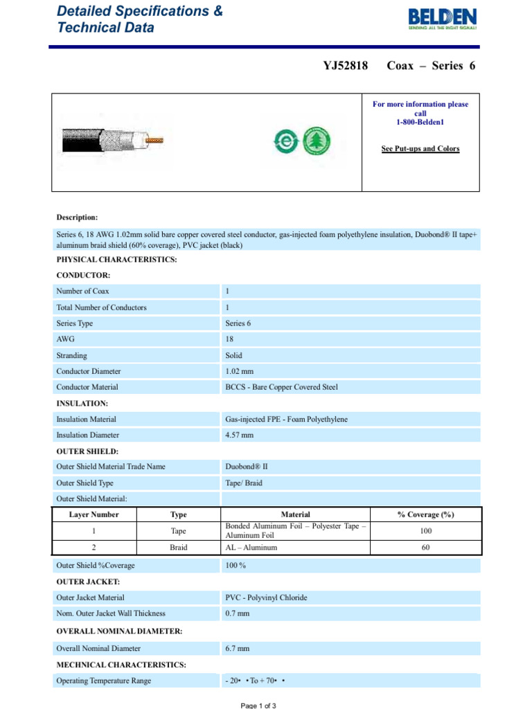 Belden YJ52818-RG6 3GHz Coaxial Cable | PDF | Coaxial Cable | Electrical Engineering