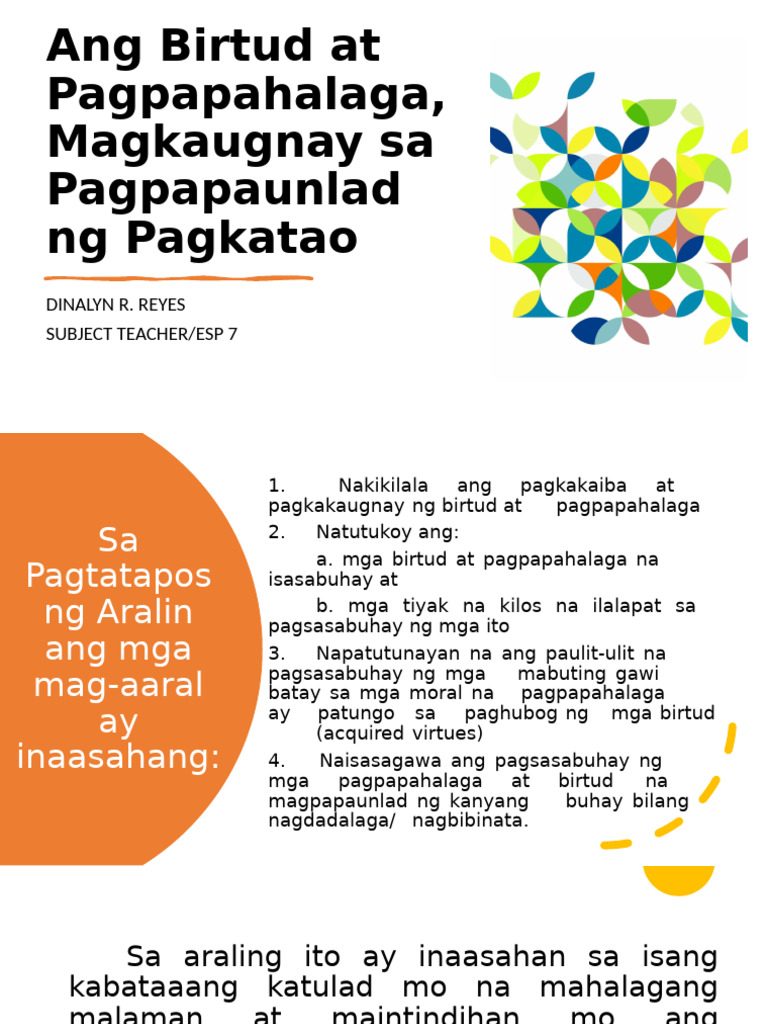 Q3 W1-2 Ang Birtud at Pagpapahalaga, Magkaugnay Sa Pagpapaunlad | PDF