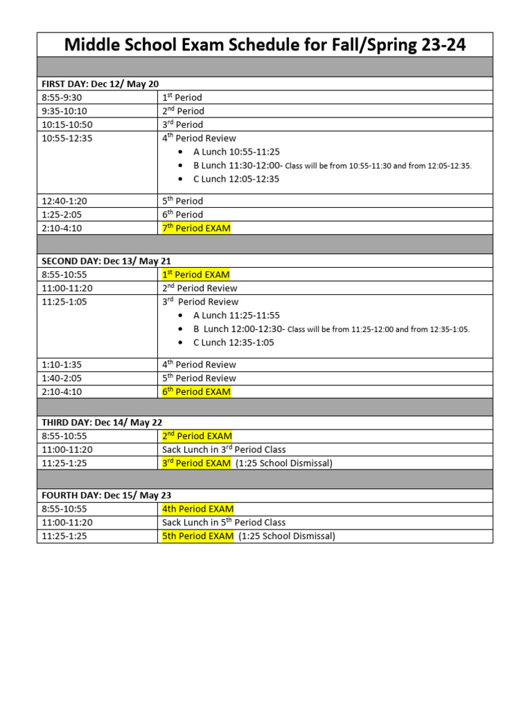 Middle School Exam Schedule 23-24 | PDF | Career & Growth