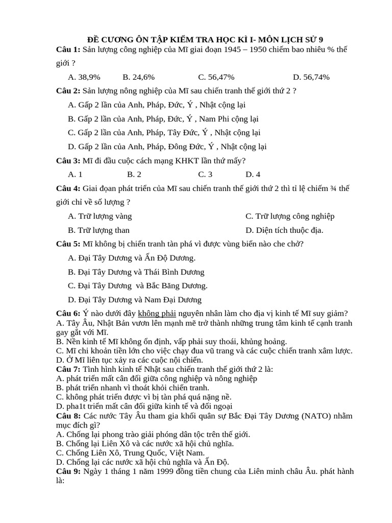 ĐỀ CƯƠNG CHÍNH THỨC THI HKI SU 9 | PDF