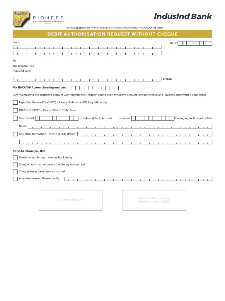 Debit Authorisation Request Without Cheque Form Pioneer | PDF