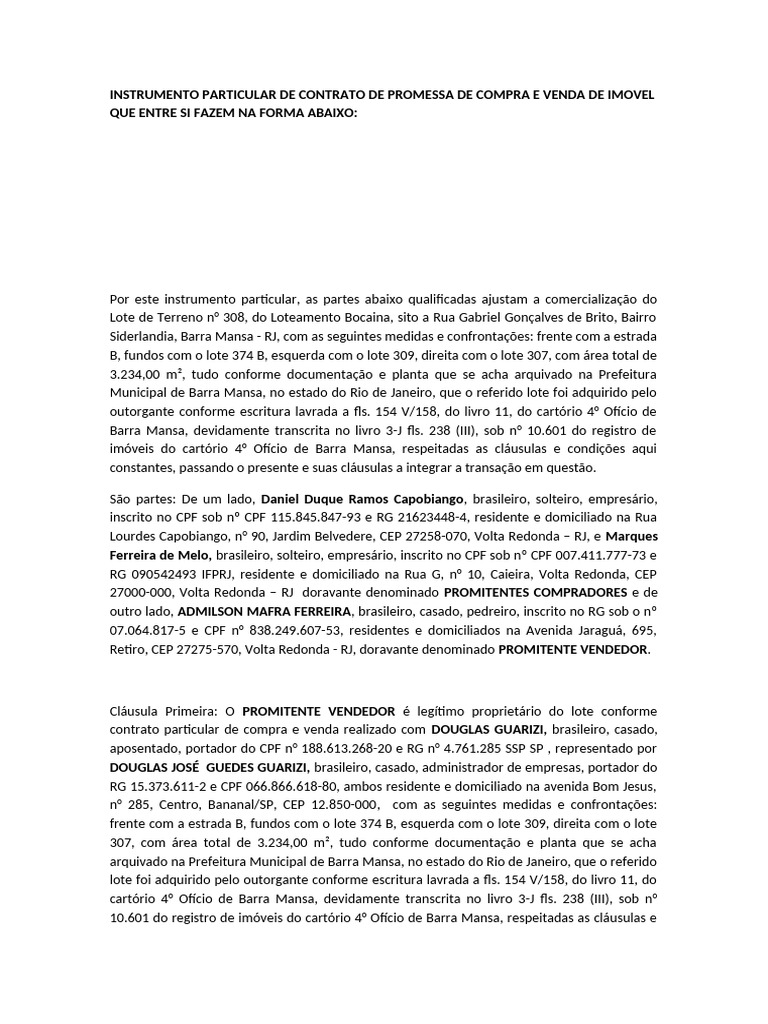 INSTRUMENTO PARTICULAR DE CONTRATO DE PROMESSA DE COMPRA E VENDA DE LOTE DE TERRENO - | PDF ...