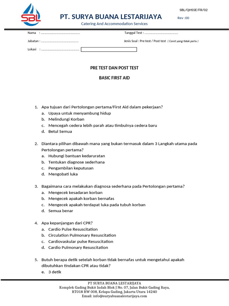 Pre Test Dan Post Test First Aid | PDF