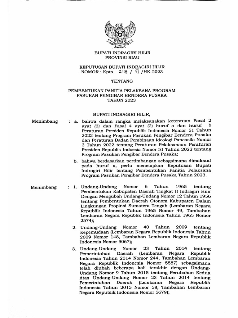 KPTS Pembentukan Panitia Pelaksana Program Pasukan Pengibar Bendera Pusaka Tahun 2023 | PDF