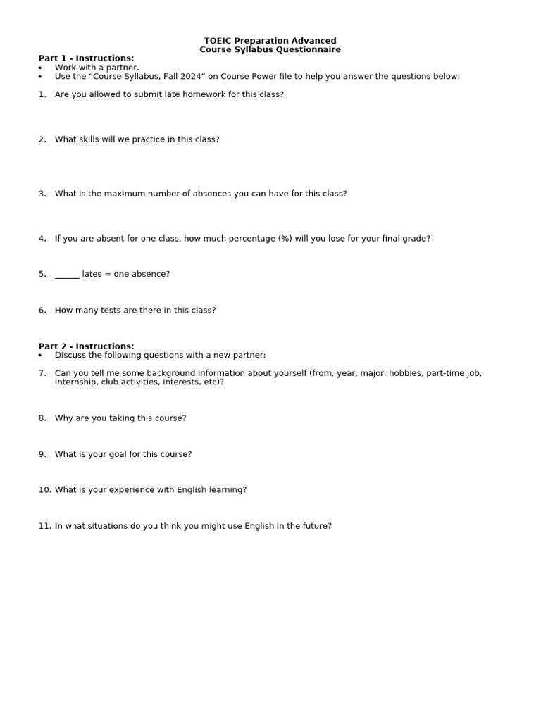 Week 1 - Course Syllabus Questionnaire | PDF | Career & Growth