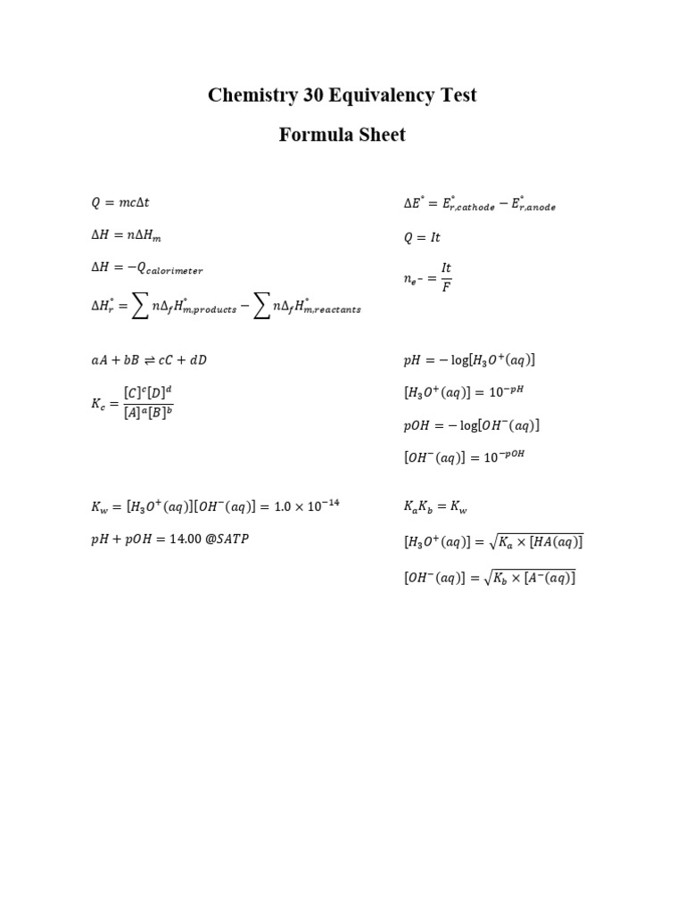 Chemistry 30 Formula Sheet | PDF