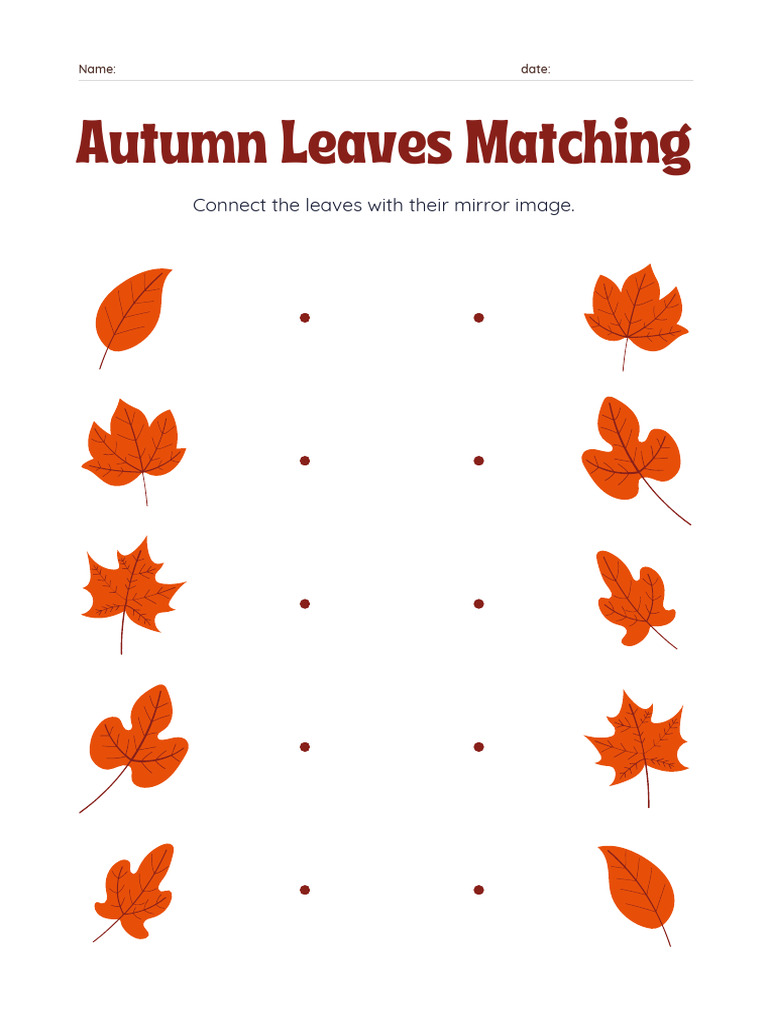 Autumn Leaves Matching Worksheet in Orange Illustrative Style ...