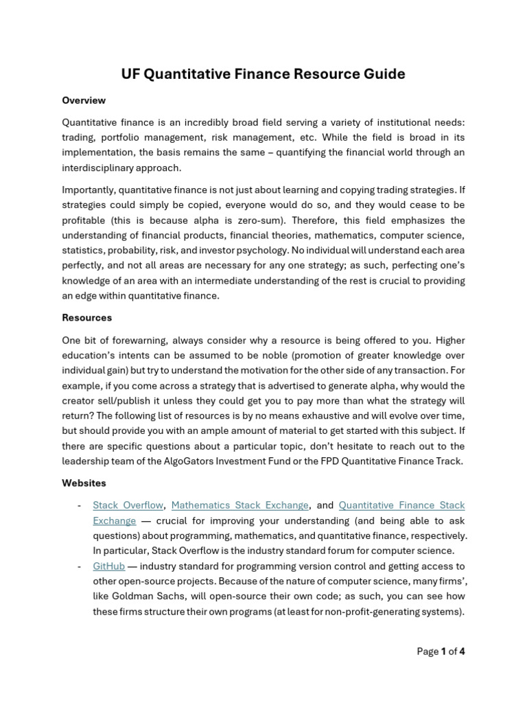 UF Quantitative Finance Resource Guide | PDF | Mathematical Finance ...