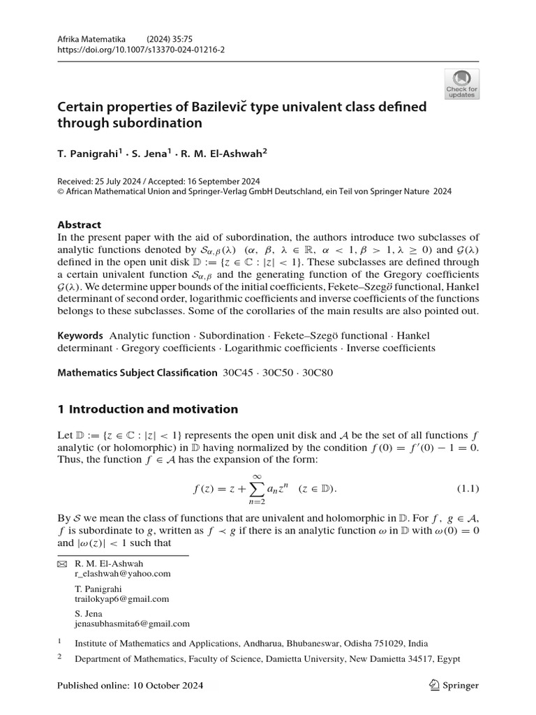 Certain Properties of Bazilevi Type Univalent Class Defined Through Subordination | PDF ...
