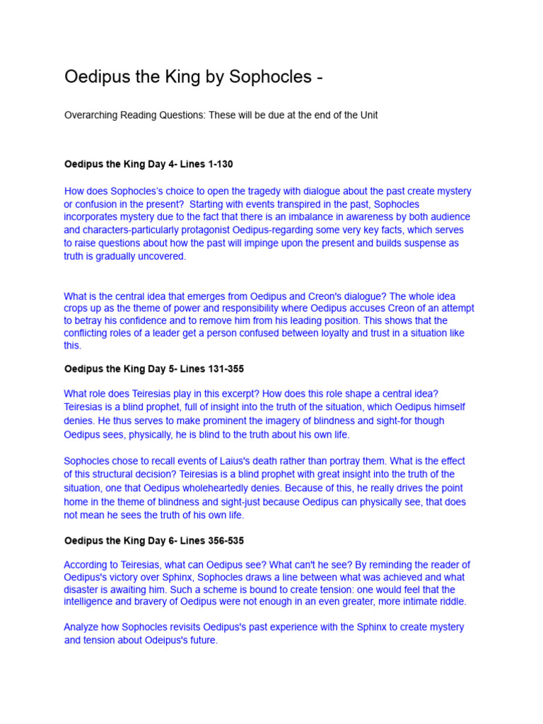 Oedipus The King Overarching Questions | PDF | Oedipus | Sophocles