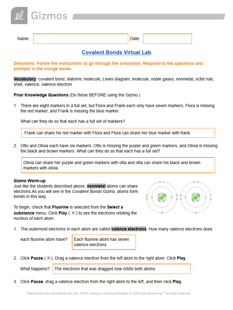 Covalent Bonds Virtual Lab | PDF | Valence (Chemistry) | Covalent Bond