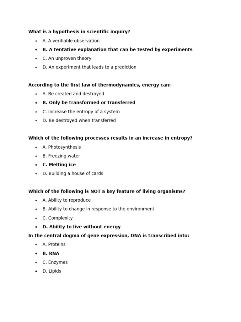 Bio Multiple Choice Questions | PDF | Chemical Bond | Gibbs Free Energy