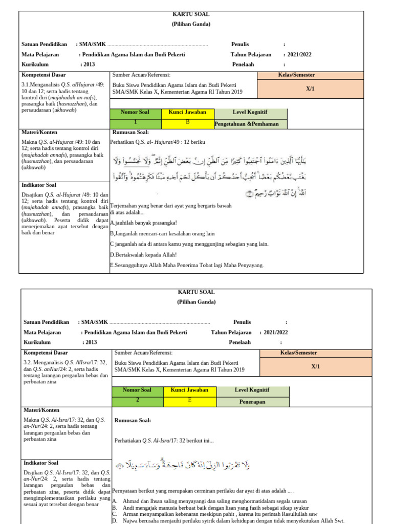 Kartu Soal Pai | PDF