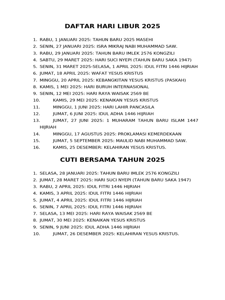 Daftar Hari Libur 2025 | PDF | Perjalanan