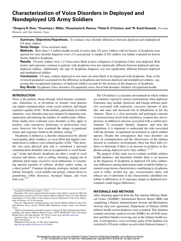 Characterization of Voice Disorders in Deployed and Nondeployed US Army ...