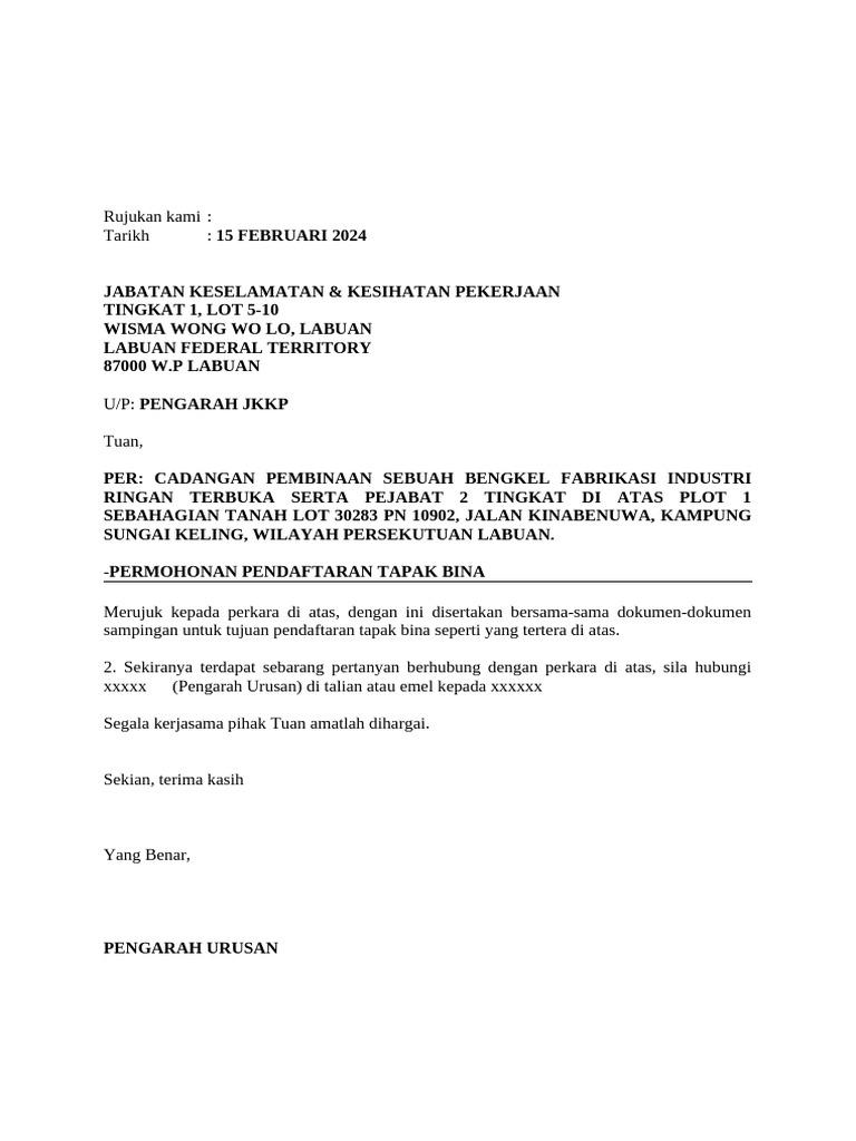 24-015 Labuan Surat Permohonan Pendaftaran Tapak Bina JKKP | PDF | Pengelolaan Keuangan & Uang ...