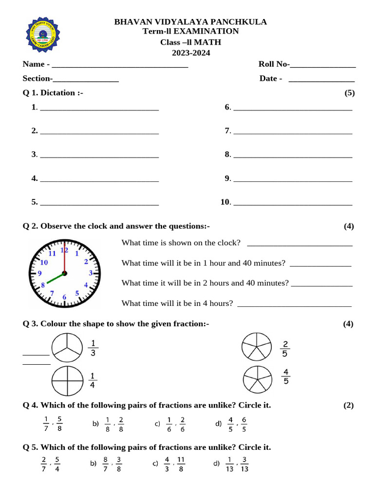Class 2 Math Paper Term LL | PDF | Division (Mathematics) | Numbers