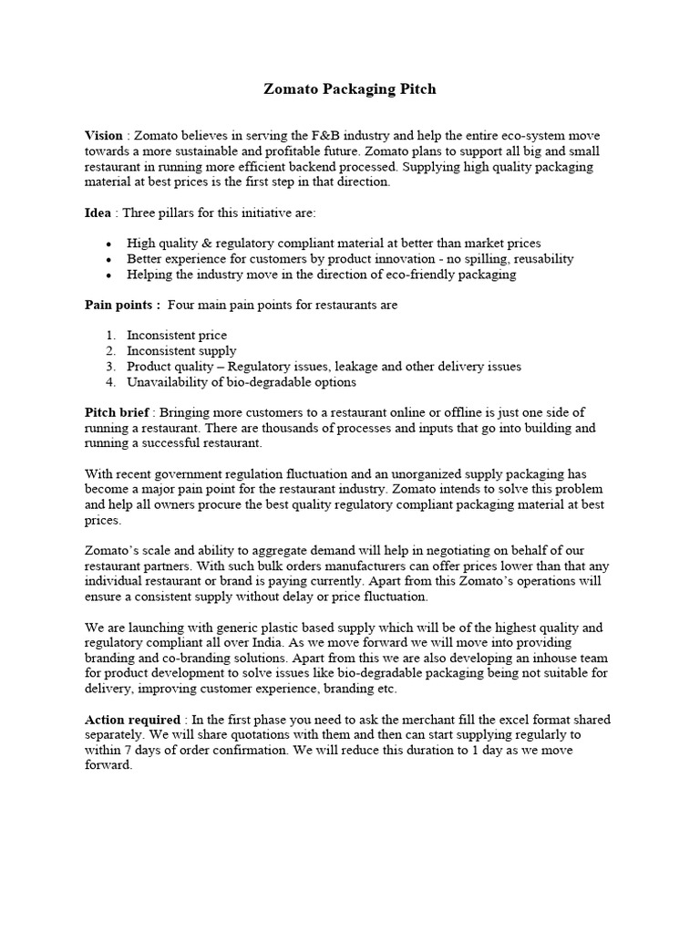 Microsoft Word - Zomato Packaging Pitch | PDF | Business