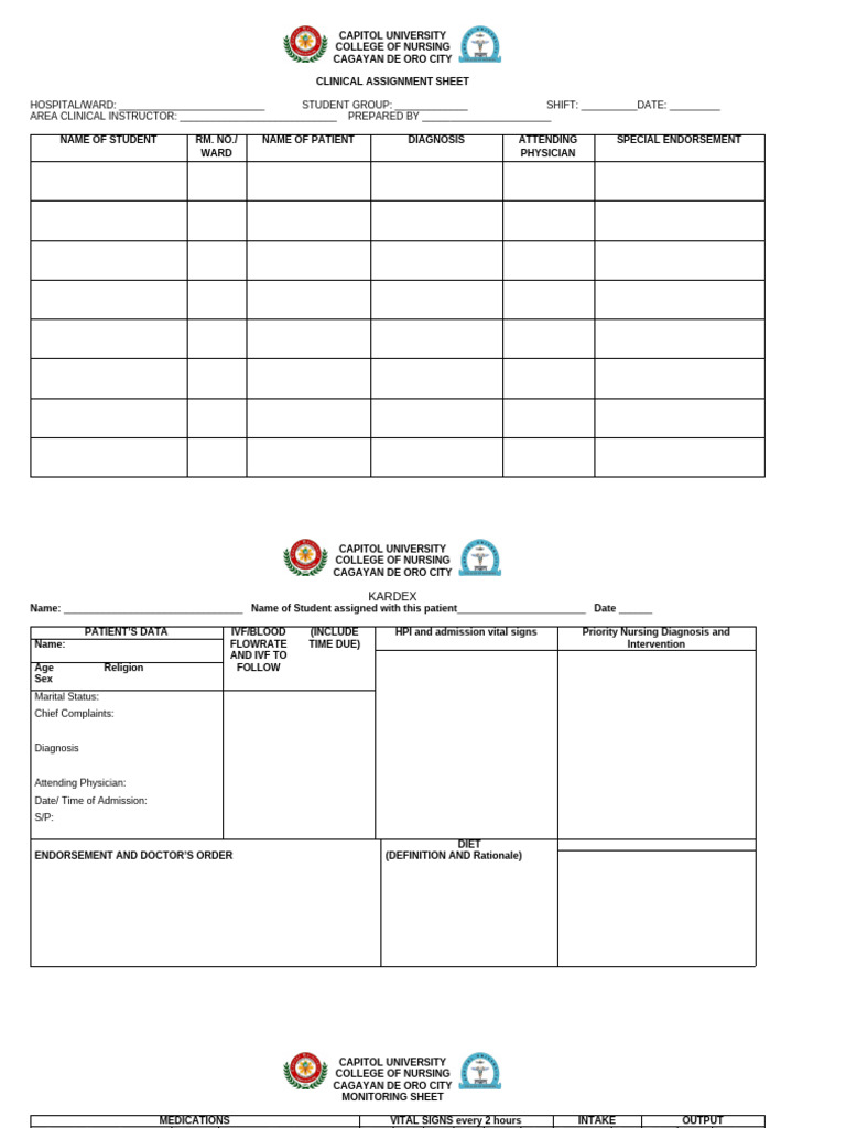 Kardex Clinical Assignment Sheet Monitoring Sheet | PDF | Medical ...