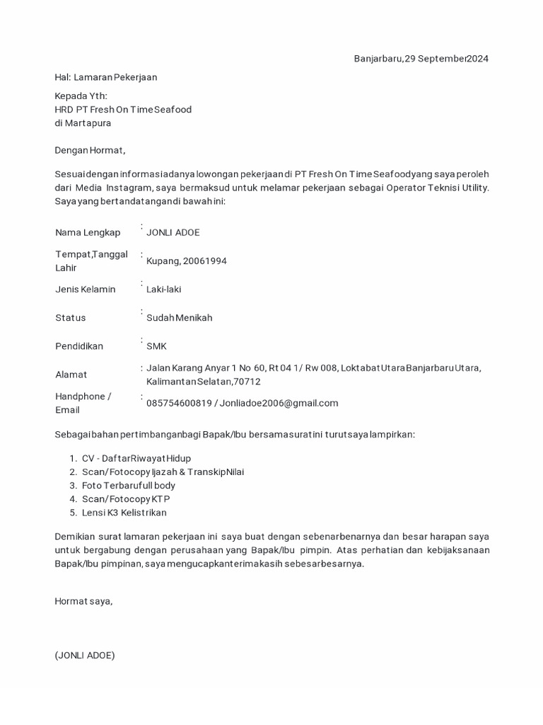 Lamaran-PT Fresh On Time Seafood | PDF