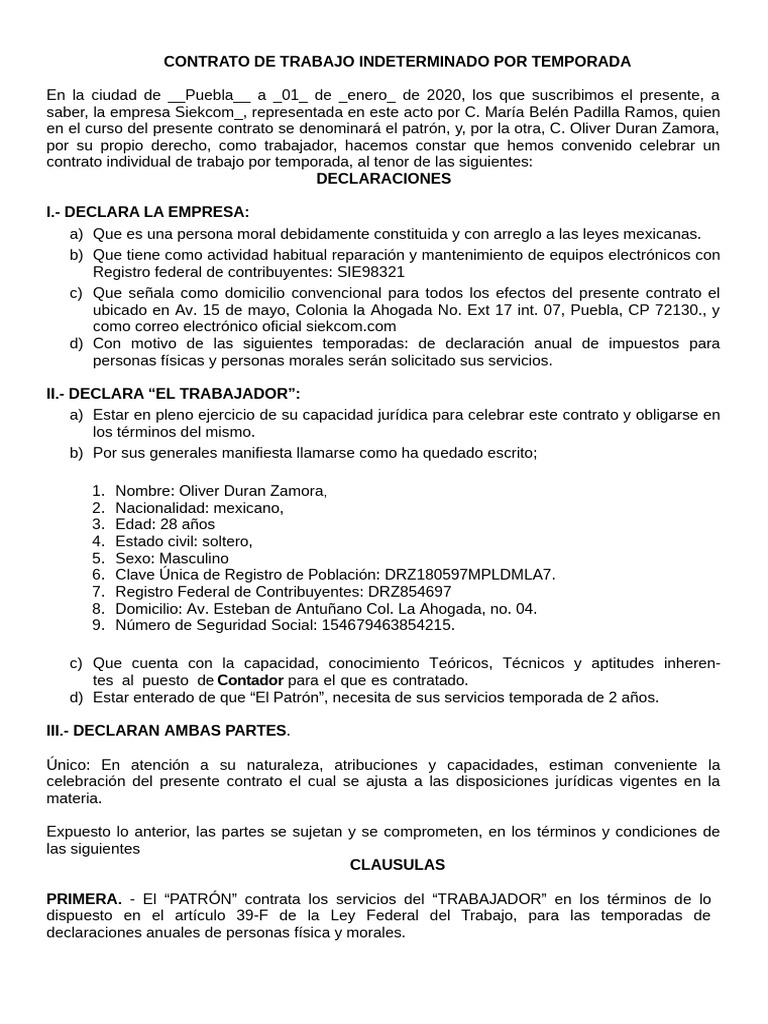 Contrato de Trabajo Indeterminado Por Temporada | PDF | Salario ...