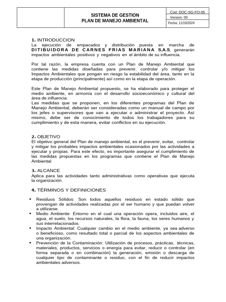 Plan de Manejo Ambiental OLGA | PDF | Entorno natural | Agua