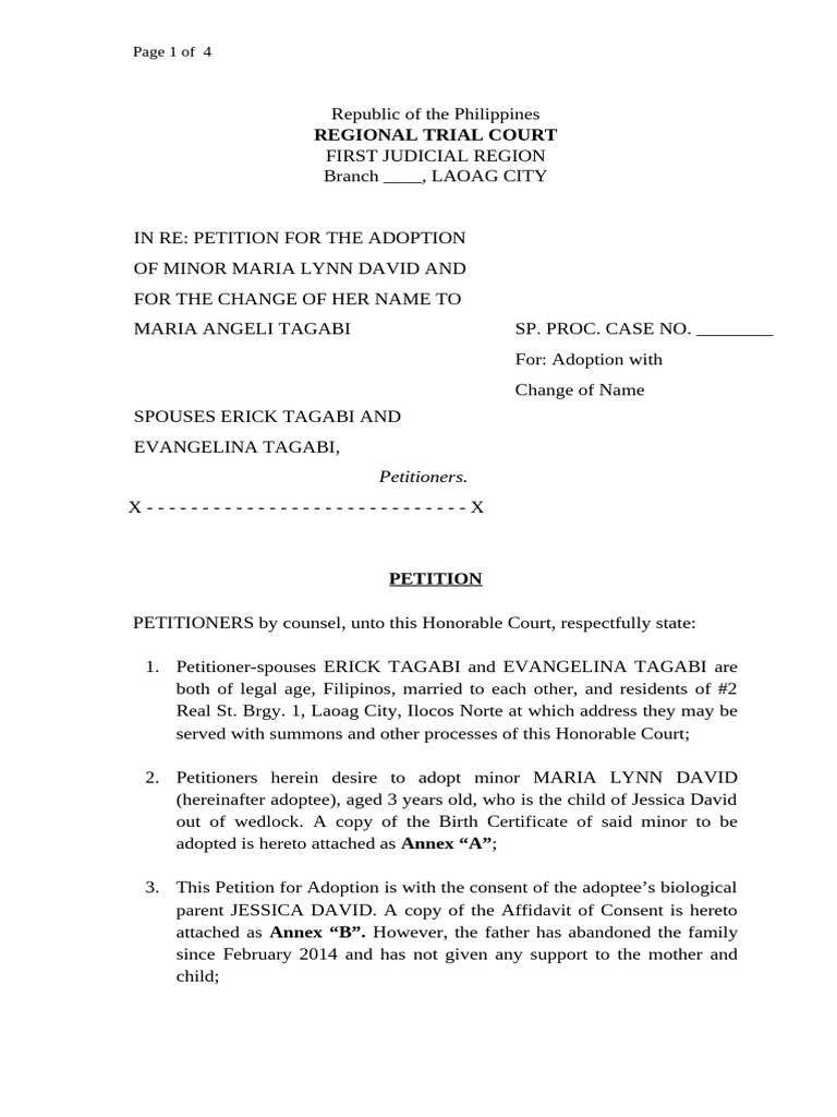 Petition For Adoption Sample | PDF | Affidavit | Adoption